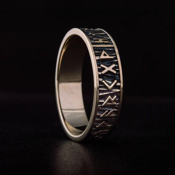 Elder Futhark Runes Ring with Wide Rim Bronze Viking Ring