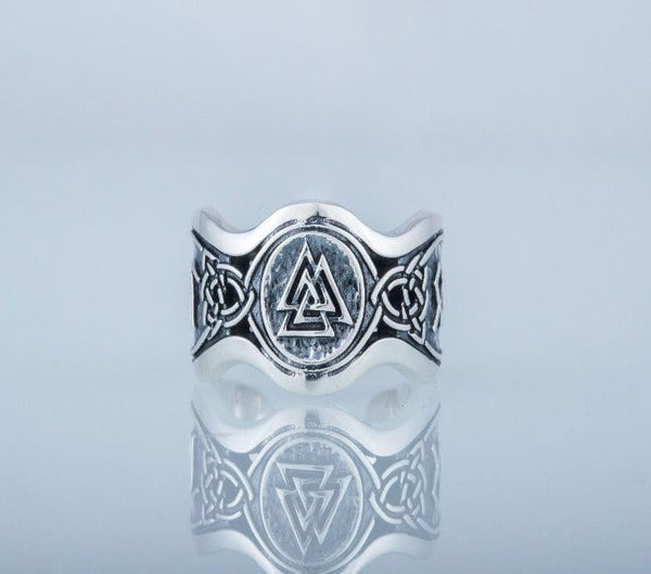 Valknut Symbol With HAIL ODIN Runes Sterling Silver Viking Ring