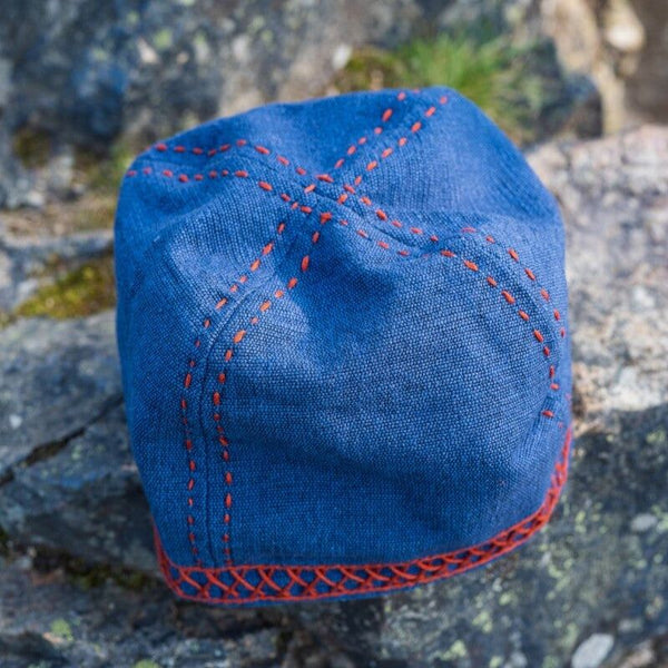 Blue Cotton Viking Cap | Red Embroidered Norse Motifs